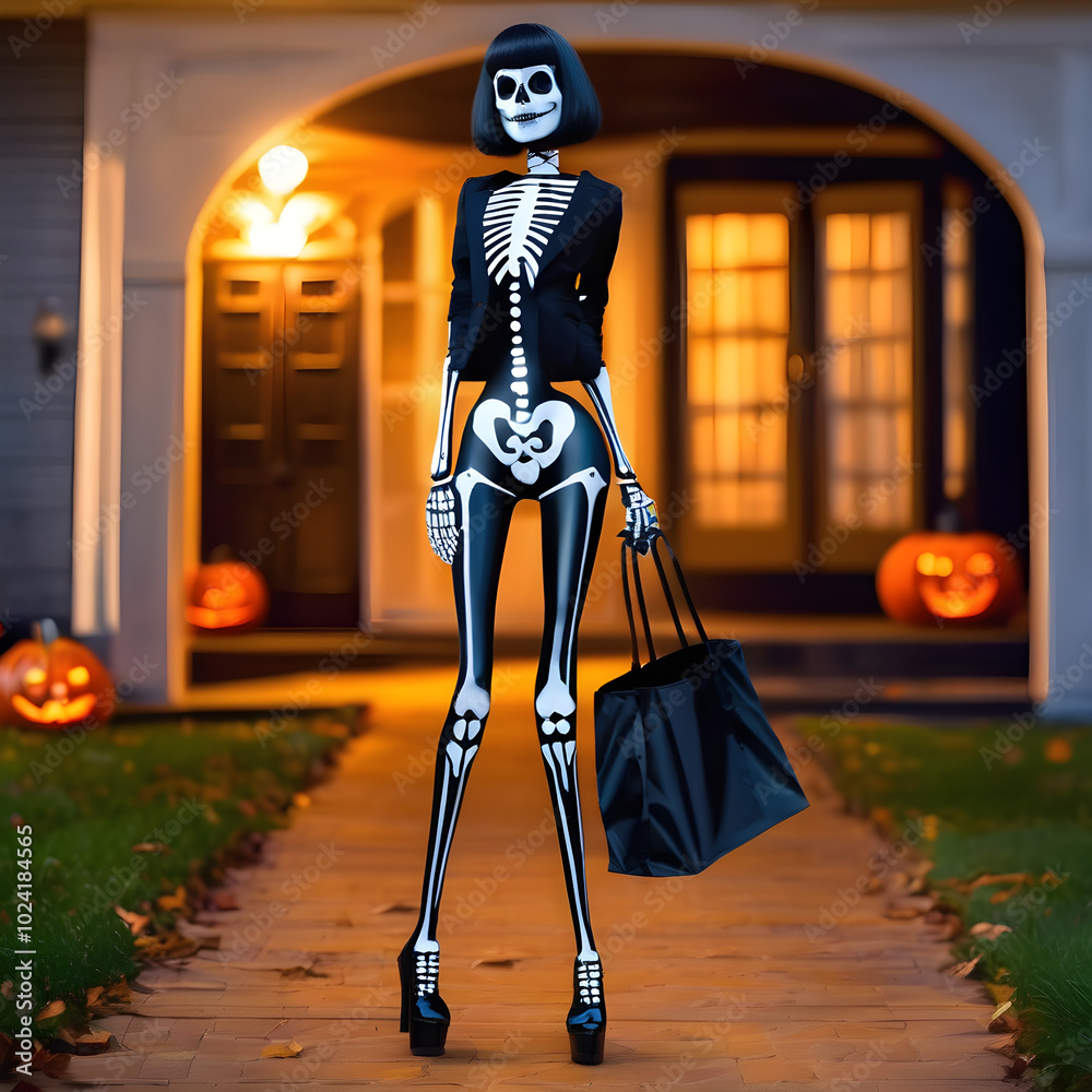 The image features an AI-generated girl dressed in a skeleton Halloween ...