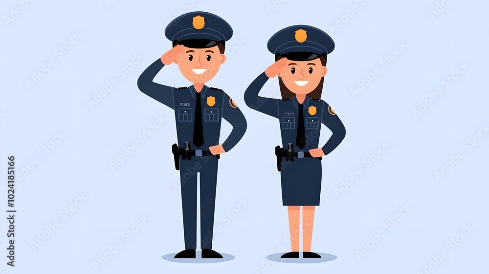 a full-body cartoon illustration of a male and female police officer ...