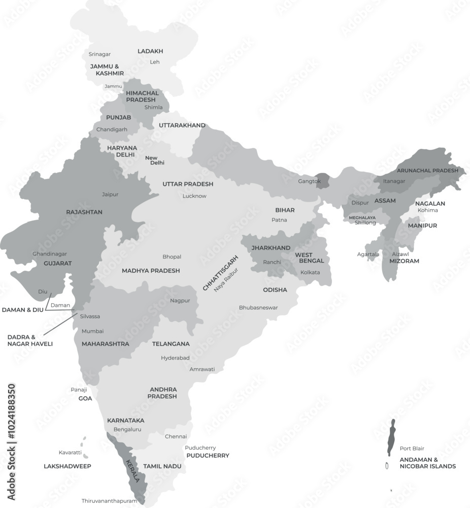 Map of India isolated on white background Stock Vector | Adobe Stock