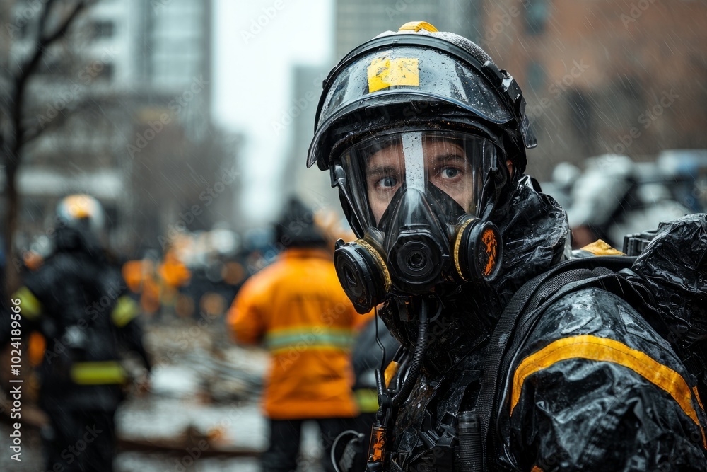 Emergency response team conducting a drill in an urban area, practicing ...
