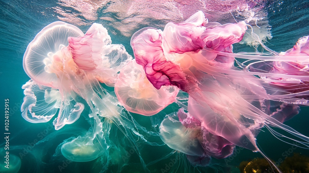 diaphanous jellyfish swarm, hypnotic marine choreography, electric pink ...