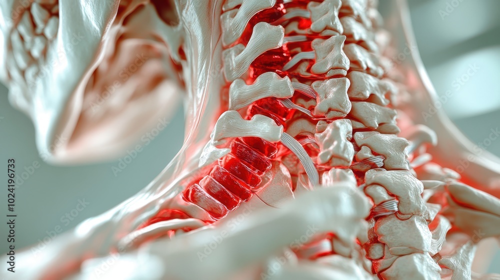 Human neck in 3D with red highlighting the cervical spine, illustrating ...