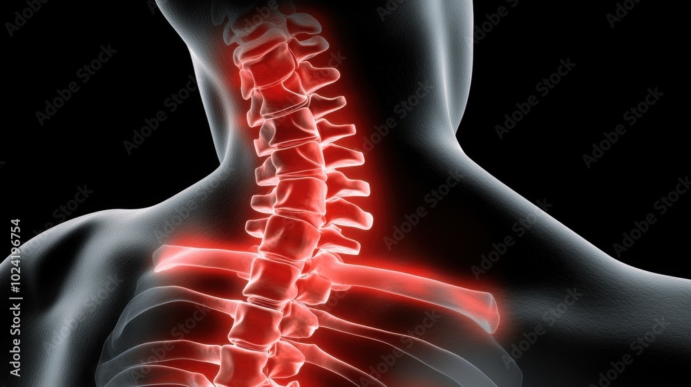 Human neck in 3D with red highlighting the cervical spine, illustrating ...