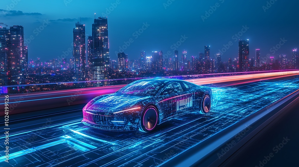 Autonomous car cruising on a high-tech highway, interactive holographic ...