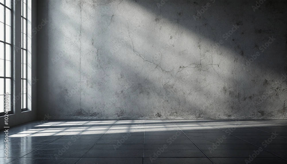 Empty Industrial Room with Cracked Concrete Wall and Large Windows ...