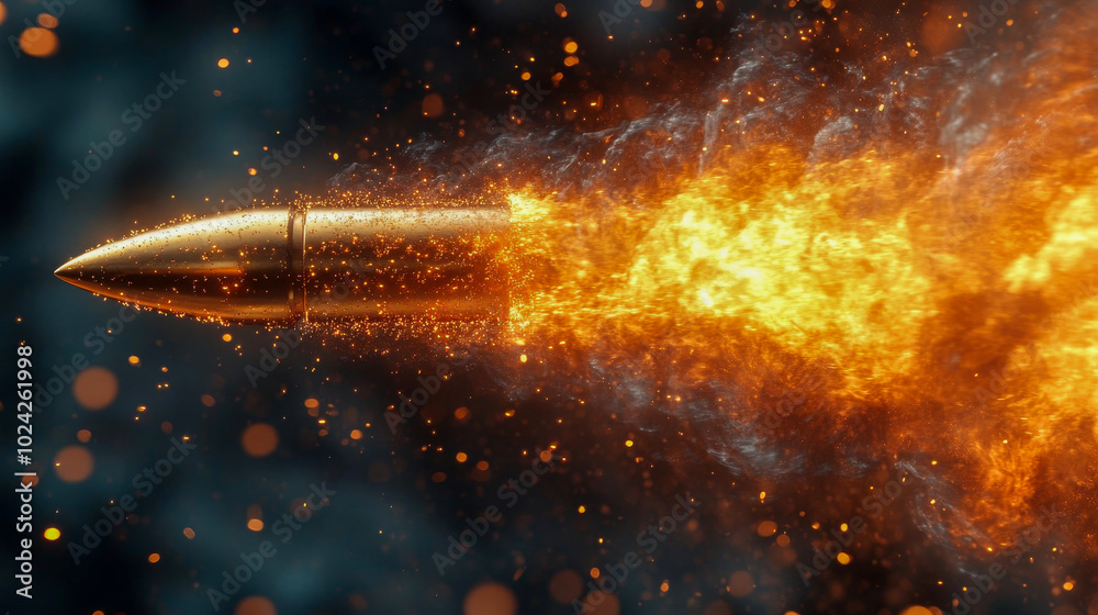 Bullet is flying through the air, leaving a trail of smoke and fire ...