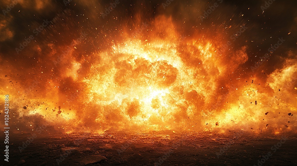 Fiery Explosion with Dramatic Smoke and Debris. Massive Fire Explosion ...