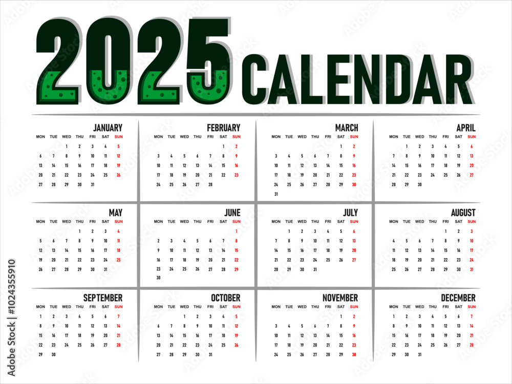 2025 Calendar template, Calendar 2025 design vector, unique design ...