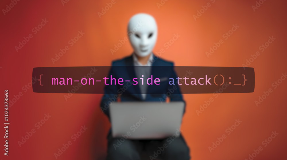 Cybersecurity concept man-on-the-side attack on foreground screen, hacker silhouette hidden with ...