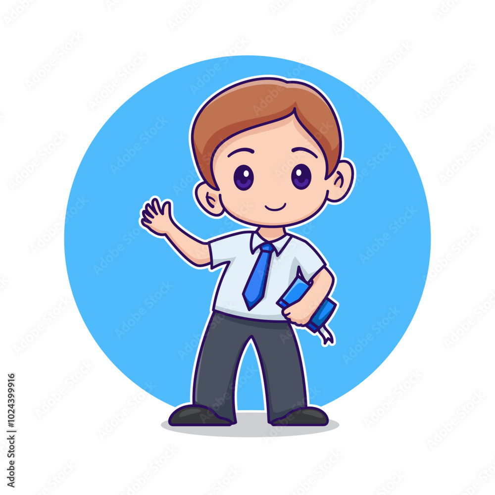 Cartoon Happy Cute Little Kid Boy Wearing White Teacher Uniform Waving ...
