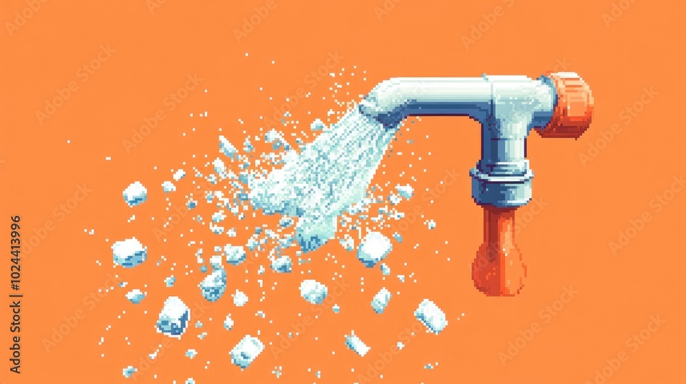 Cartoon style 2D rendering of a pixelated water jet with ice cubes ...
