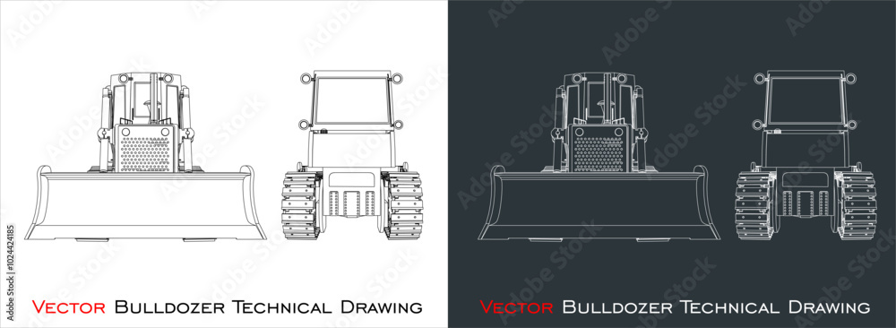 Vector bulldozer front and back view line blueprint wireframe technical ...