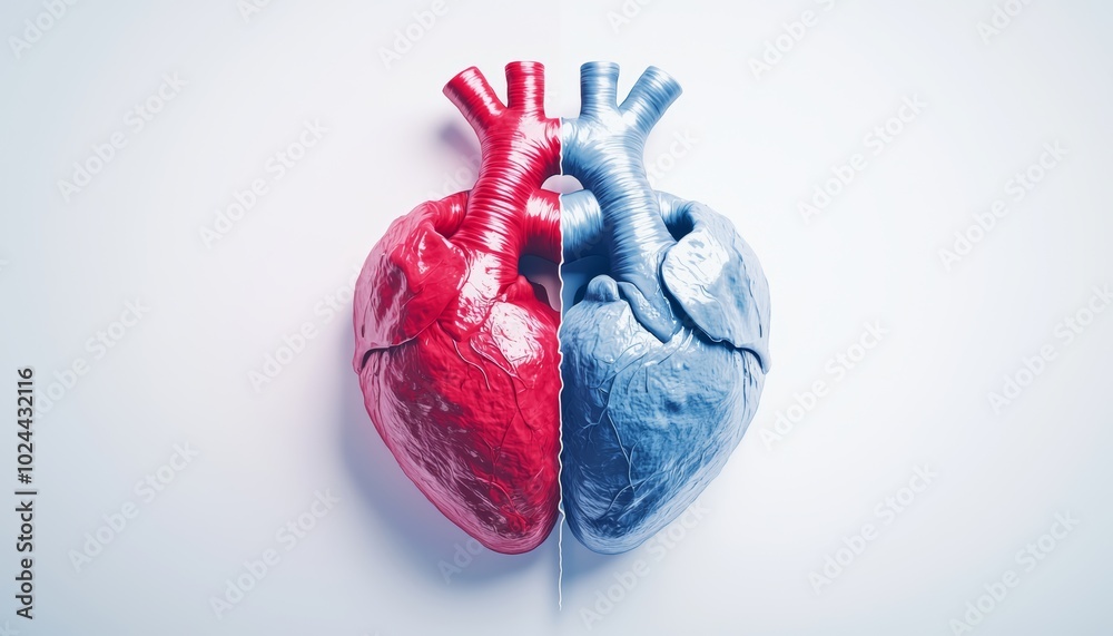 Ilustración de Stock A split-view 3D diagram of the heart, focusing on ...