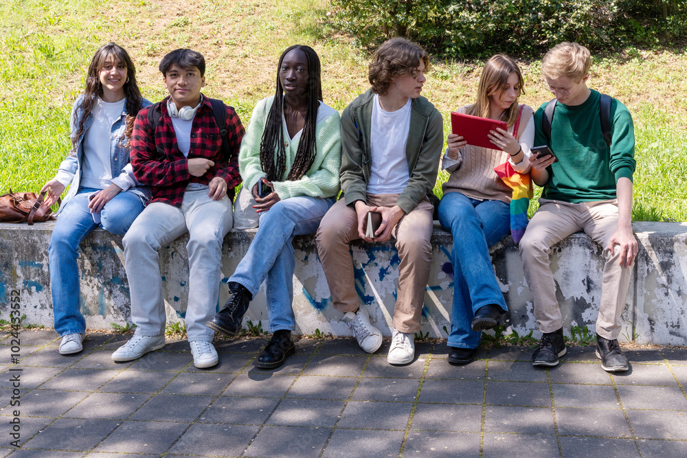 Diverse group of Gen Z students relaxing outdoors: multicultural youth ...