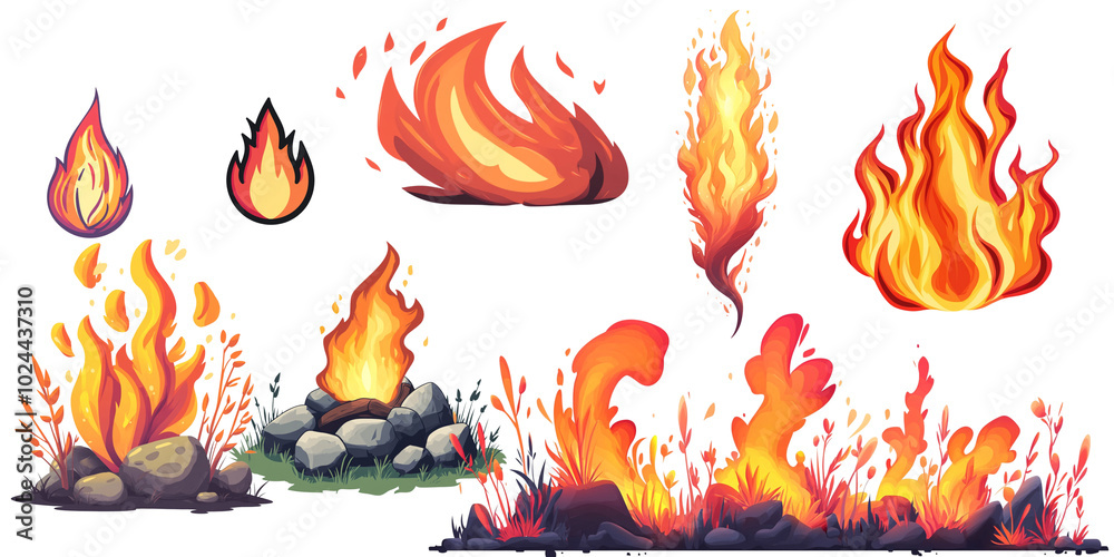 Set of cartoon flames on white background. Clip art suitable for ...