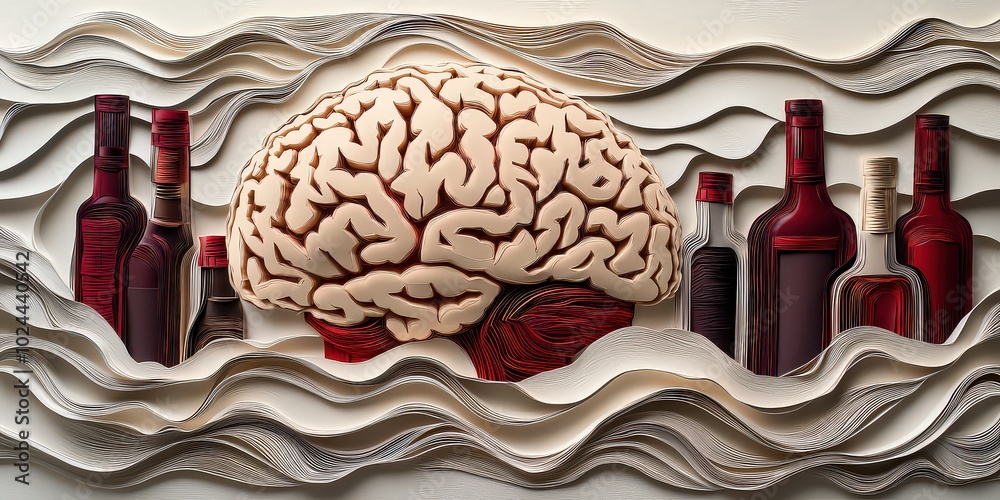 Artistic depiction of brain surrounded by bottles, symbolizing effects ...