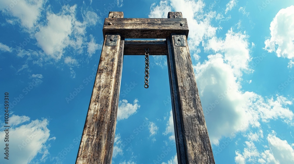 Old wooden guillotine under a blue sky with clouds as seen from below ...