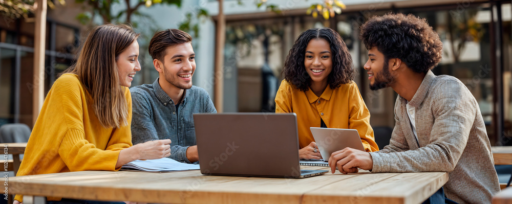 Group of young work collegues in a meeting with a laptop computer ...