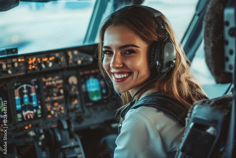 A smiling female pilot sits in the cockpit of a plane, looking back at ...