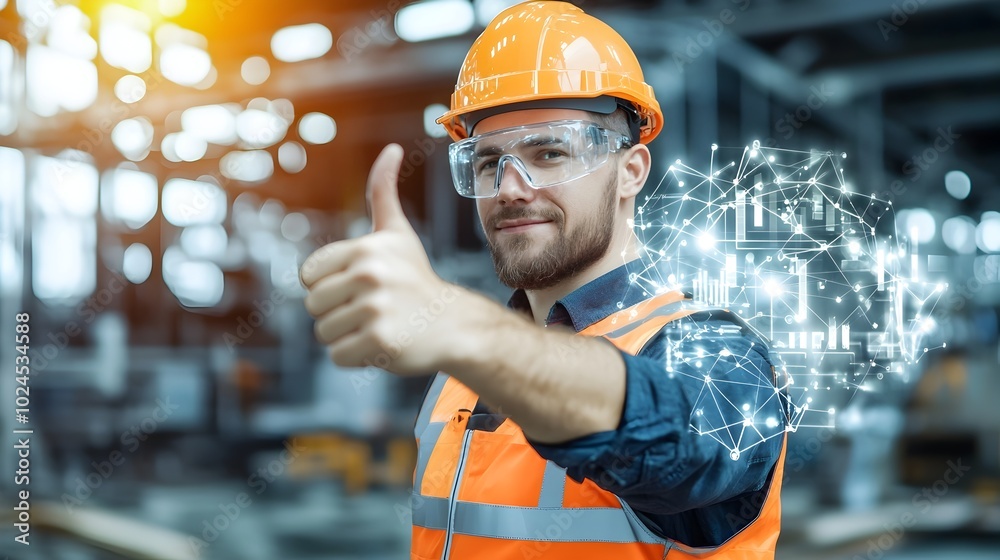 Construction worker in protective safety gear giving a positive thumbs ...