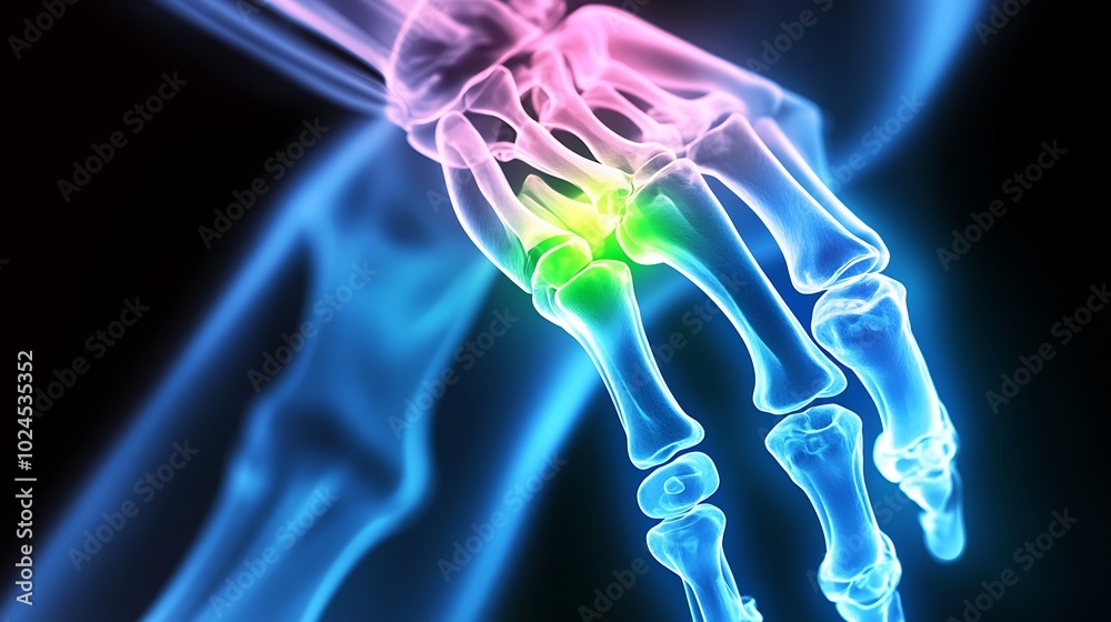 Finger joint X-ray, pain zones depicted in vivid green light, detailed ...