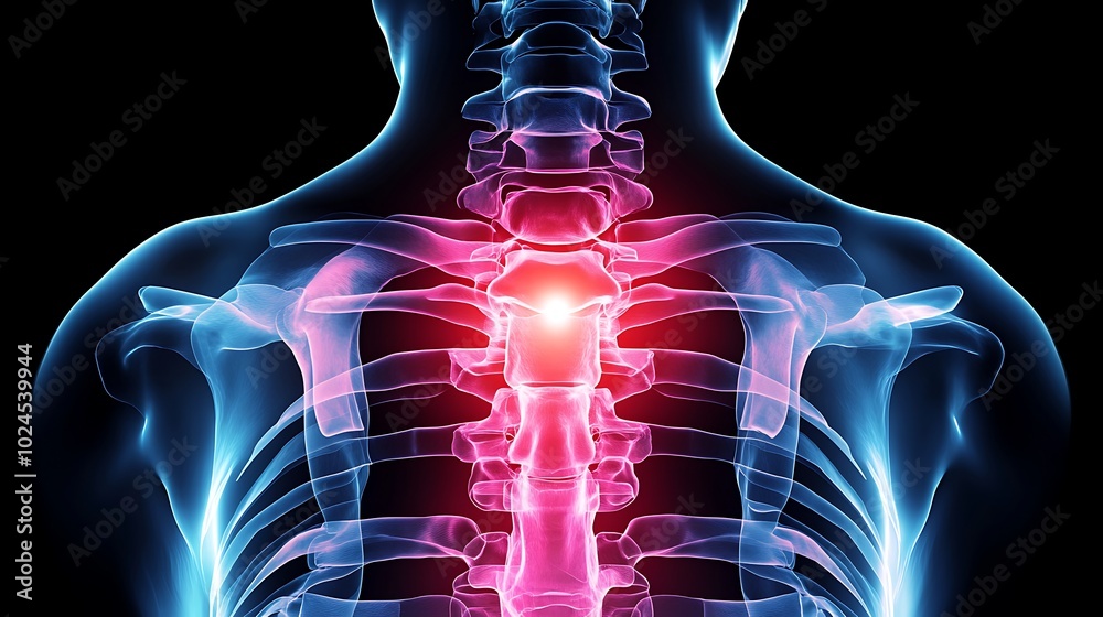 Neck joint X-ray, pain area depicted with bright red light, detailed ...