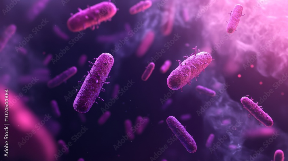 Microscopic view of vibrant purple bacteria suspended in a luminous ...