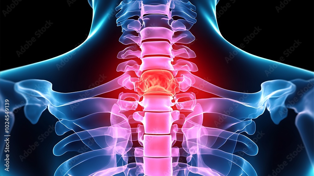 X-ray of neck joint, pain region highlighted with vivid red glow ...