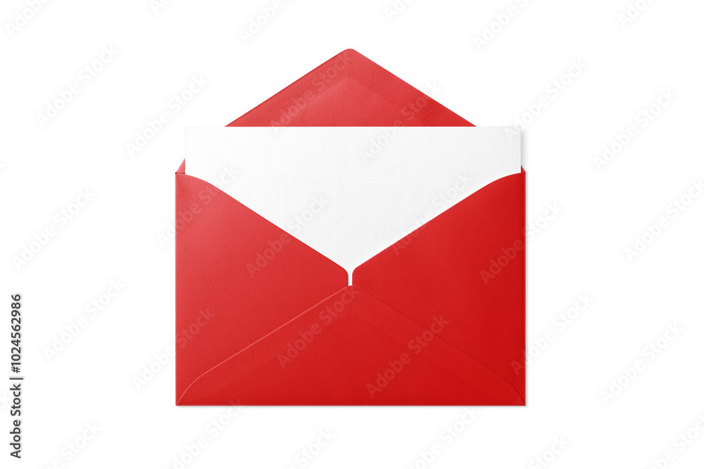 Opened red paper envelope mockup with paper sheet isolated on a ...