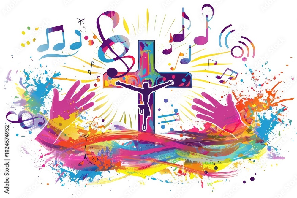 Colorful Christian Cross and Music Notes with Hands Glorifying God ...