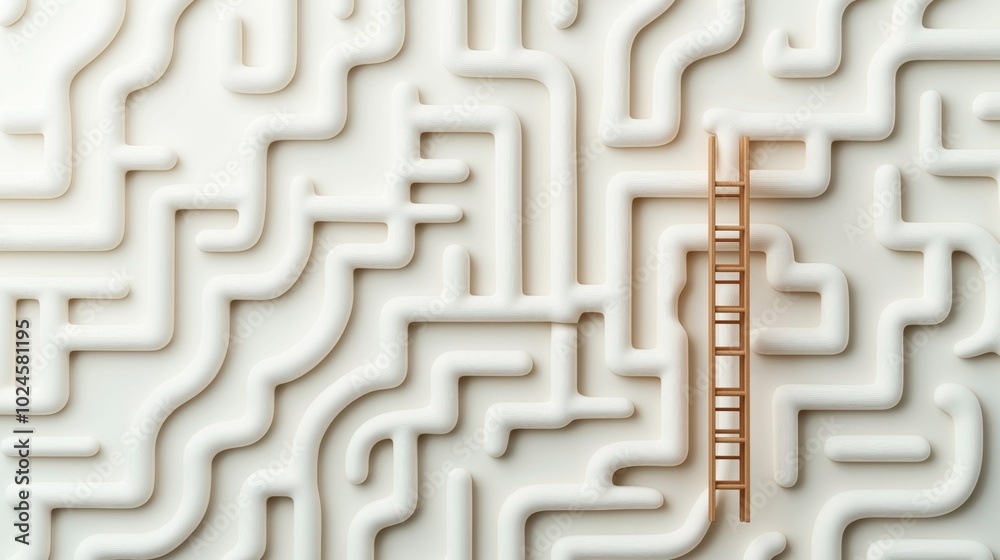 Abstract 3D maze structure with a wooden ladder leading out ...