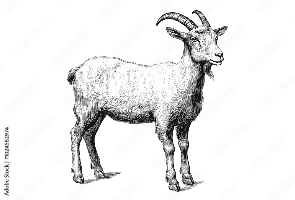 Goat. Vintage retro print, black white goat sketch ink pencil style ...