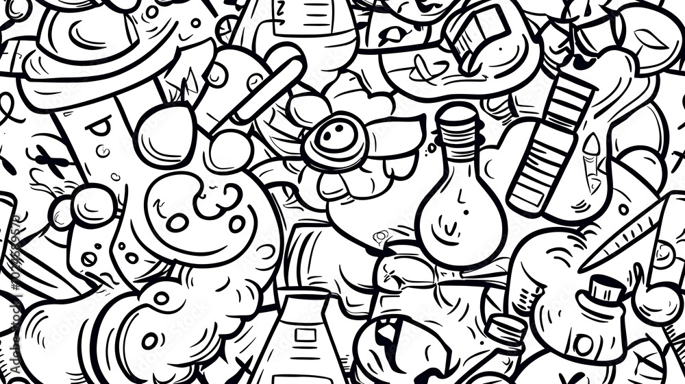 An intricate doodle pattern of a science lab scene, featuring bubbling ...