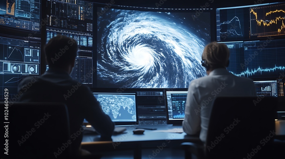 Meteorologists in a futuristic weather station, analyzing live ...