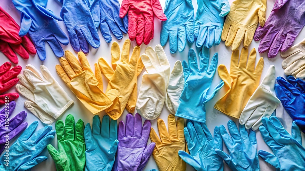 Sterile surgical gloves laid out in precise order from a worm's eye ...