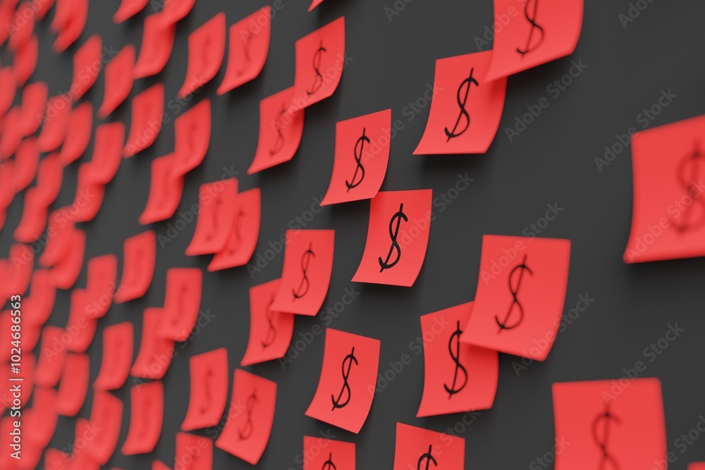 Many red stickers on black board background with symbol of Mexico peso ...