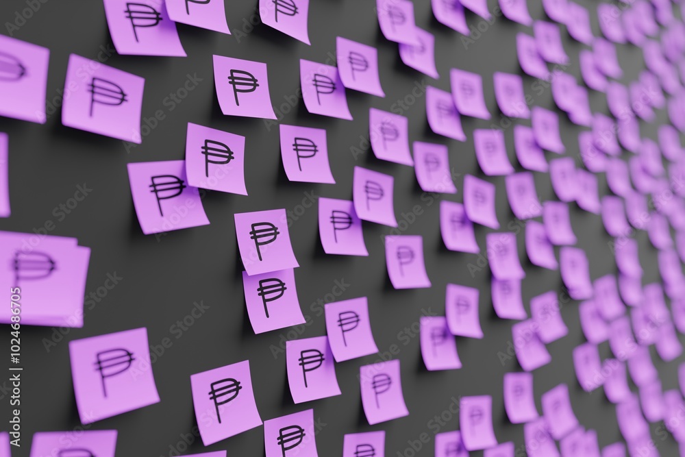 Many violet stickers on black board background with symbol of ...