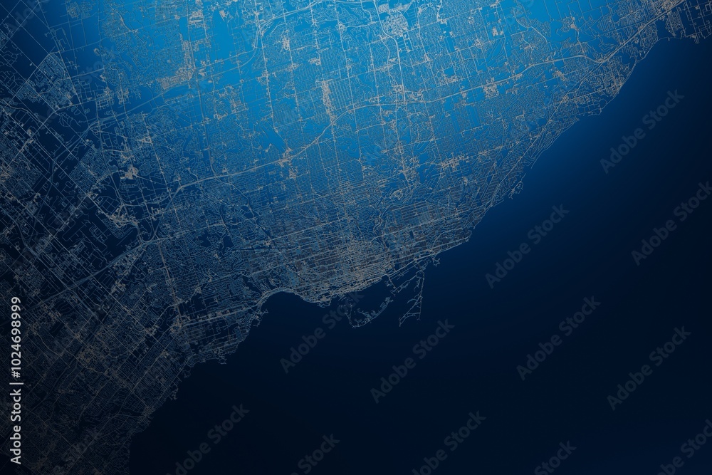Street map of Toronto (Canada) engraved on blue metal background. View ...