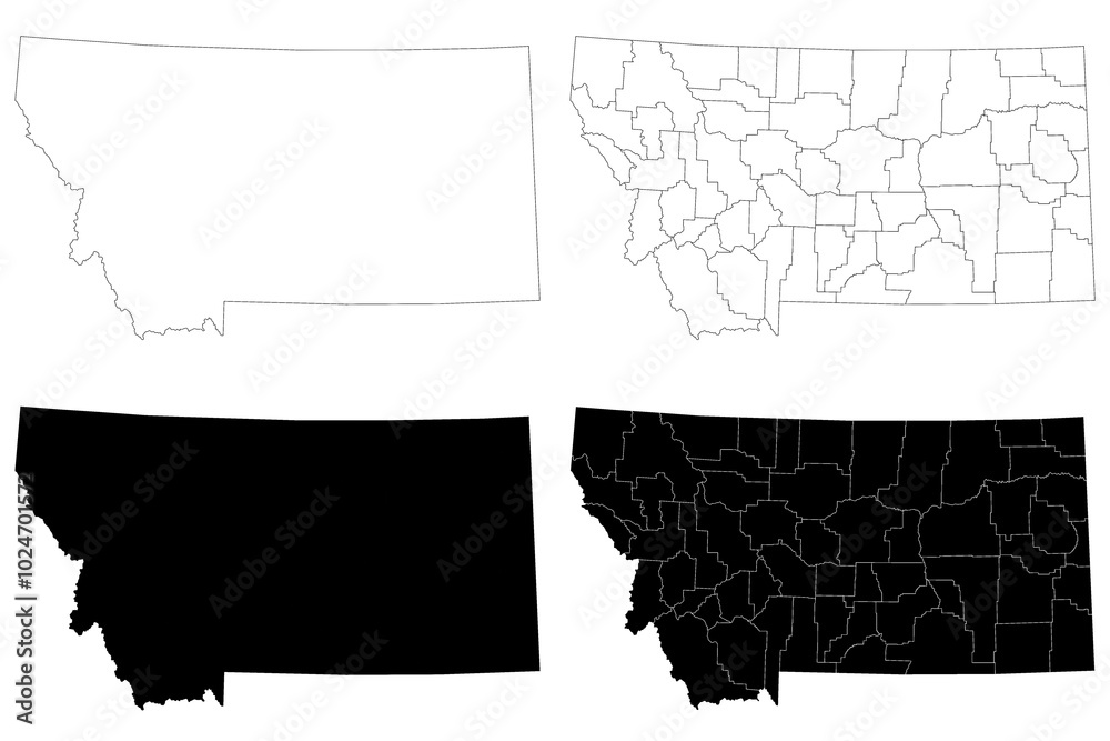Montana administrative map, Montana outline and counties state map set ...