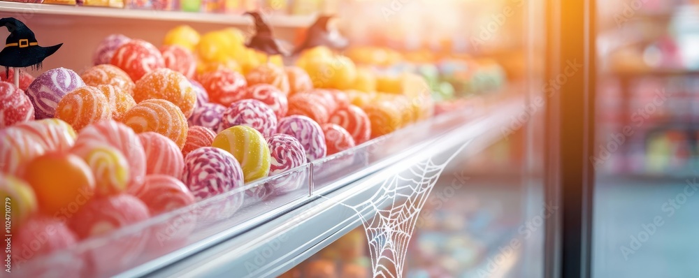 Festive candy display in a store window, with cobwebs and witches ...