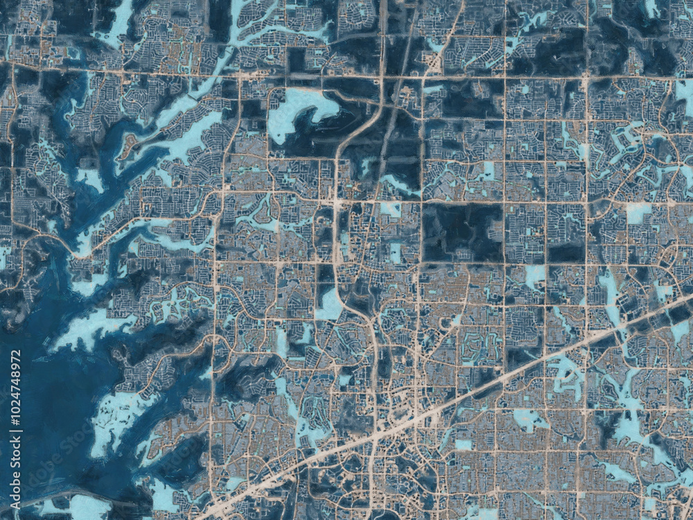 Painterly Style City Map of Frisco Texas, USA in a Blue Color Scheme ...