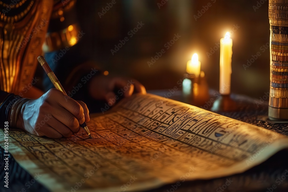 A scribe writing on a papyrus scroll with hieroglyphics by candlelight ...