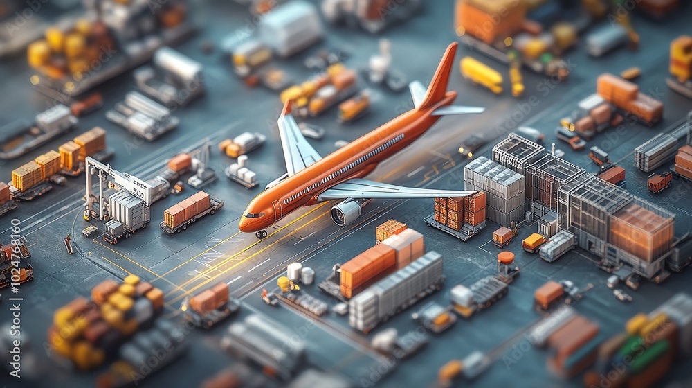 A miniature model of an airport and cargo terminal with an airplane ...