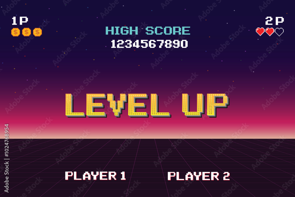 LEVEL UP. pixel art .8 bit game. retro video game. for game assets ...