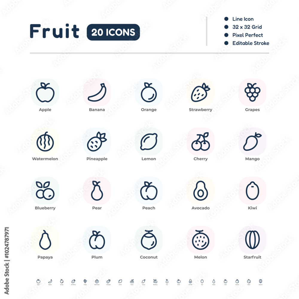 Fruit Icon Set – 20 Simple Line Icons with Editable Stroke, 32x32 Pixel ...