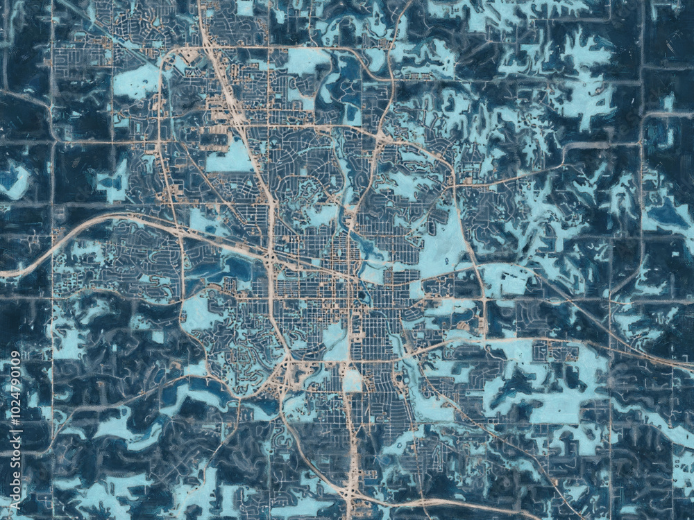 Painterly Style City Map of Rochester Minnesota, USA in a Blue Color ...
