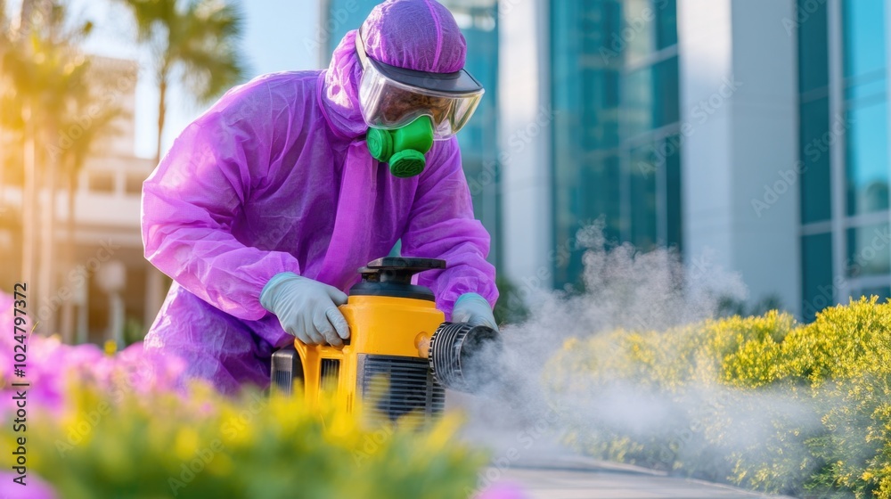 Professional sanitization worker using fogging machine for outdoor ...