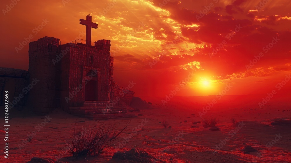 Dramatic fiery sunset casts an intense apocalyptic glow over an ...