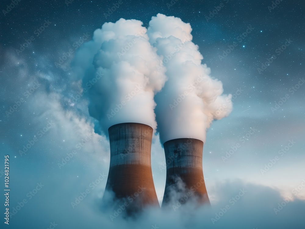 Two towering cooling towers releasing steam into the atmosphere ...