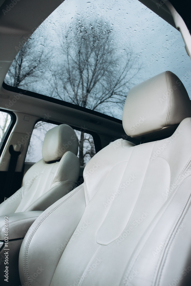 A view of the white leather front seats in the car with a panoramic ...